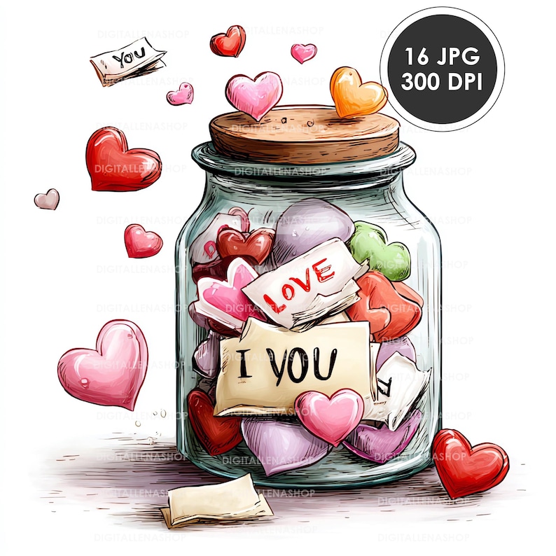 Valentine Hearts in Jar Watercolor Clipart: 16 JPG for Creating ...