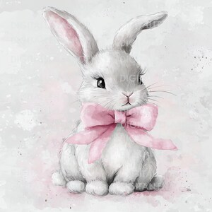 Cute Bunny With Bow Clipart Bundle JPG | Watercolor Rabbit Clipart ...