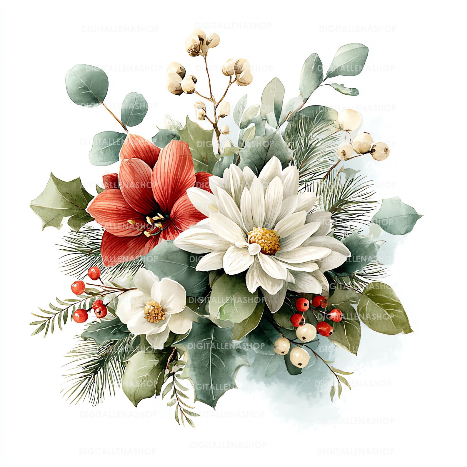Christmas Floral Arrangement Watercolor Clipart | Red Amaryllis & White ...