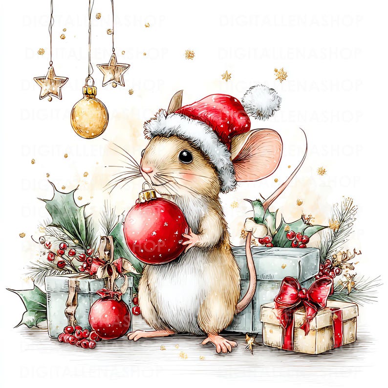 Christmas Mouse Watercolor Clipart: Whimsical Holiday Illustrations ...