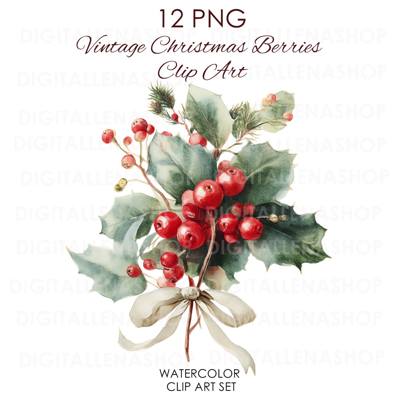 Vintage Christmas Watercolor Clipart: Holly Berry Floral Bouquets (12 ...