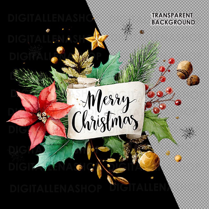 Watercolor Merry Christmas Clipart Set: Holiday Lettering (PNG Files ...