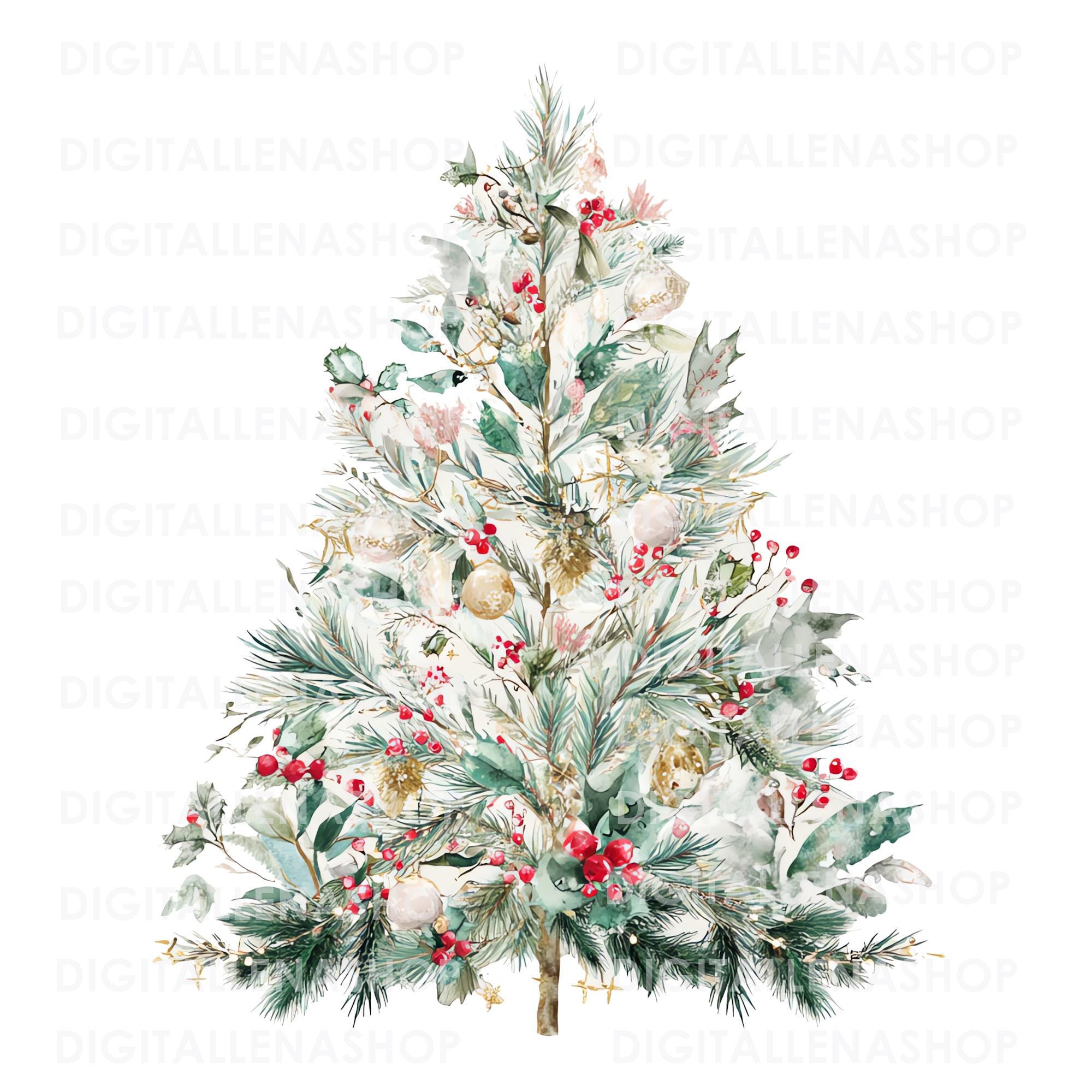 Vintage Christmas Tree Watercolor Clipart: Holiday Cards, Junk Journals ...