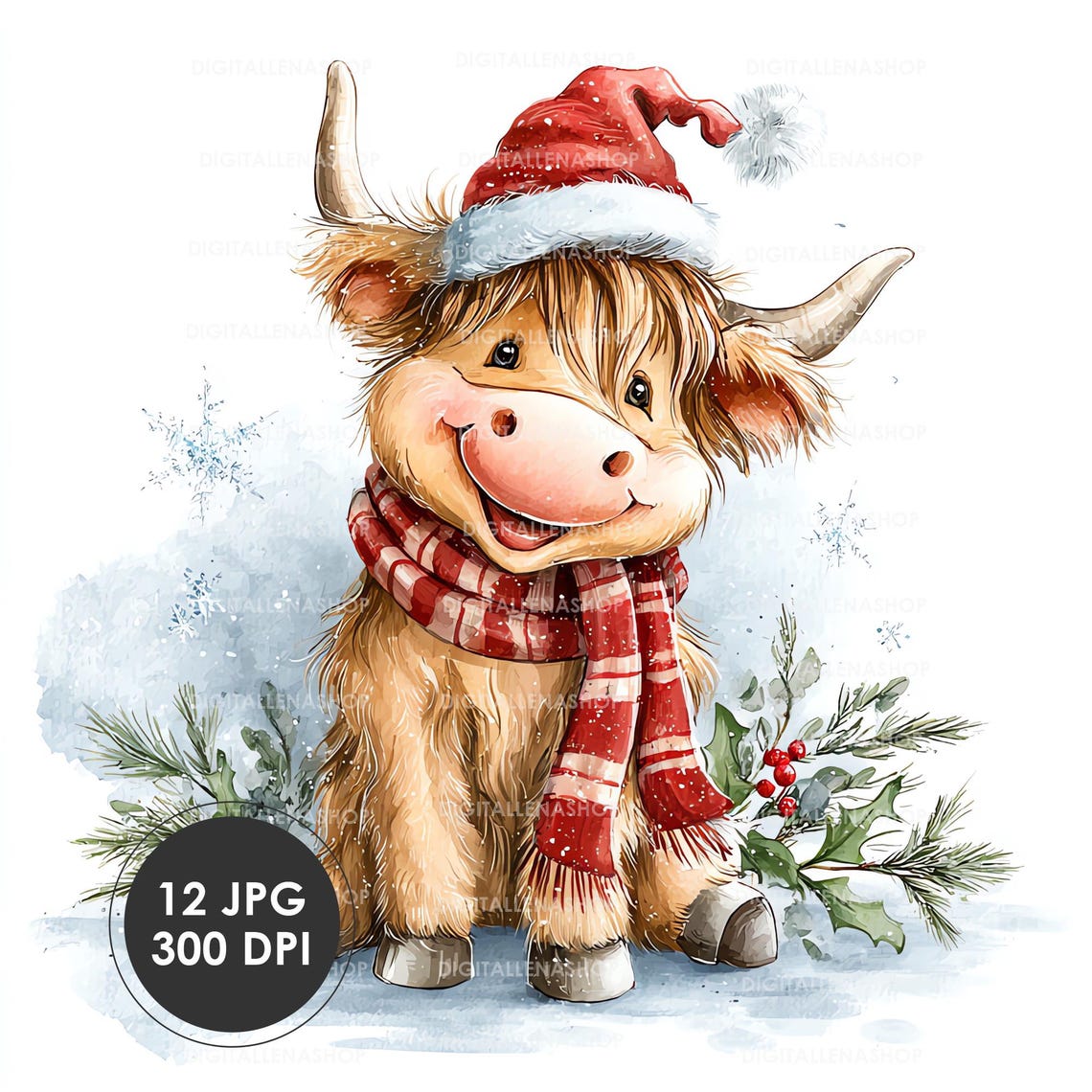 Highland Cow Christmas Clipart | Watercolor Cow JPG Files (digital ...