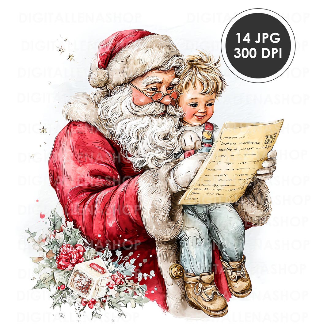 Vintage Santa Reading Letter Watercolor Clipart: 14 Jpgs (digital ...