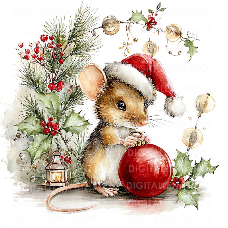 Christmas Mouse Watercolor Clipart: Whimsical Holiday Illustrations ...