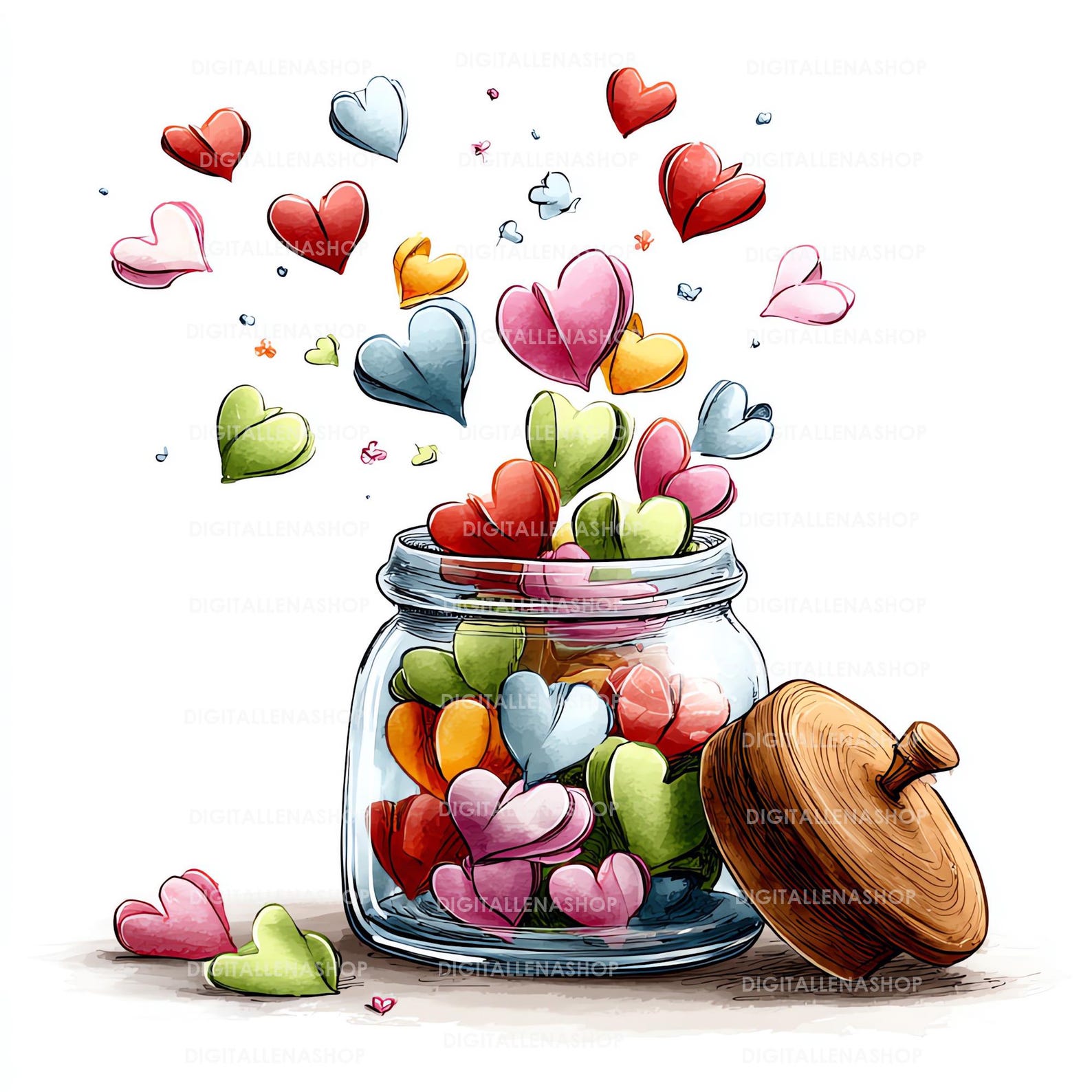 Valentine Hearts in Jar Watercolor Clipart: 16 JPG for Creating ...