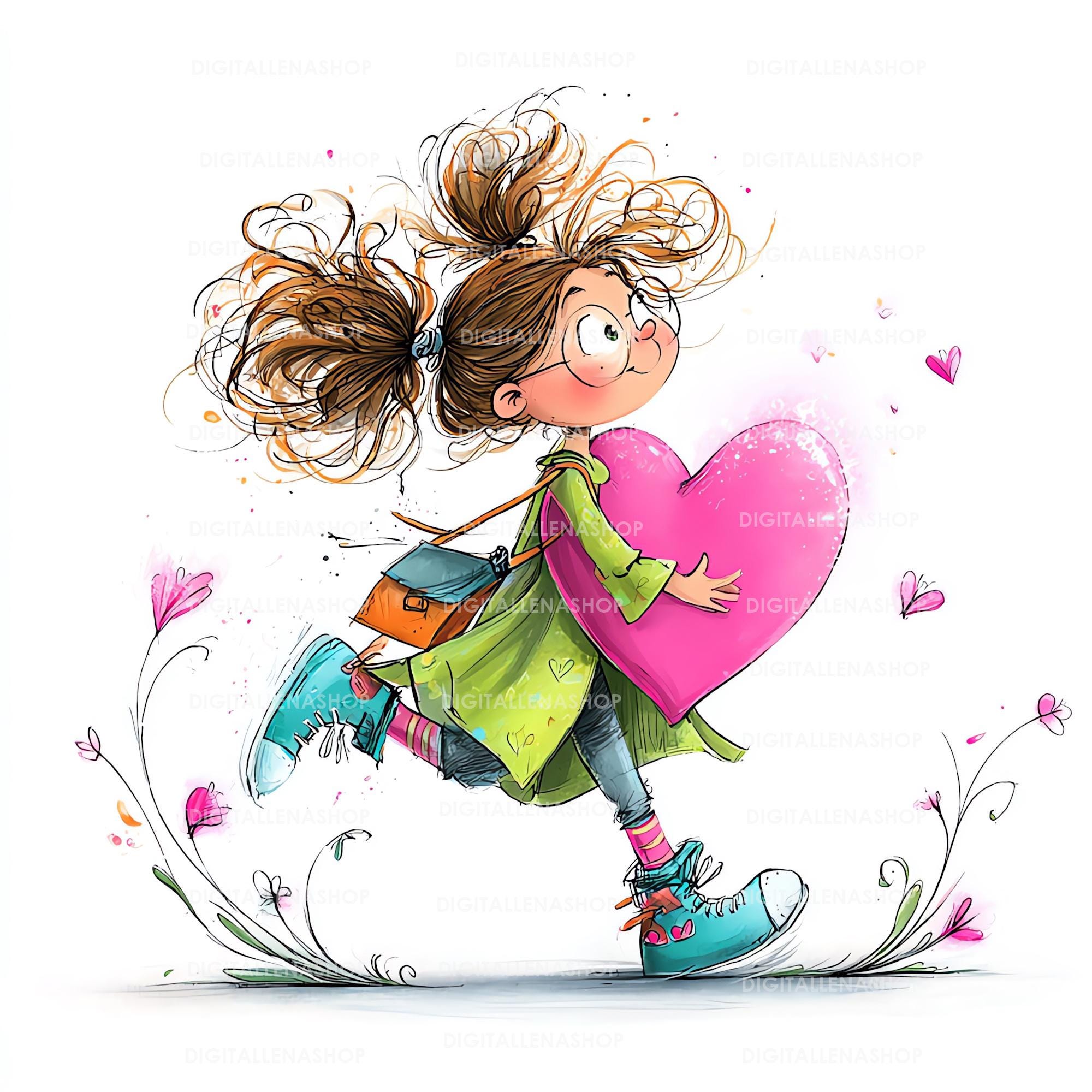 Whimsical Girl Watercolor Clipart: Valentine's Day Heart Art (12 JPG ...