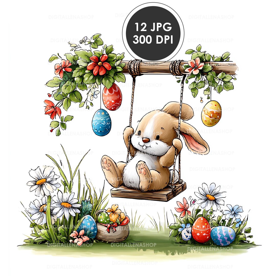 Watercolor Easter Bunny on a Swing Clipart | Baby Shower & Kids Decor ...