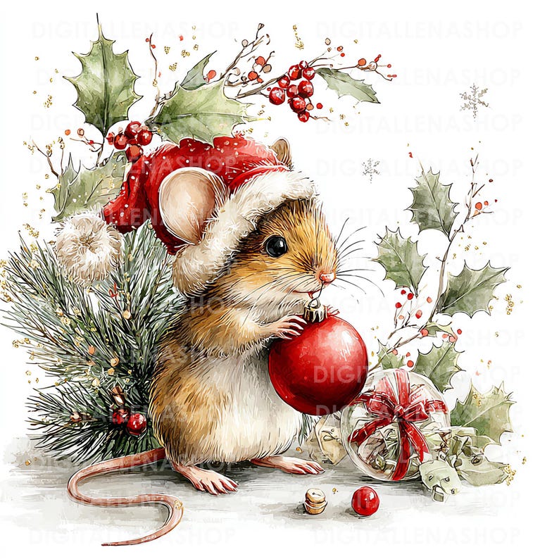 Christmas Mouse Watercolor Clipart: Whimsical Holiday Illustrations ...
