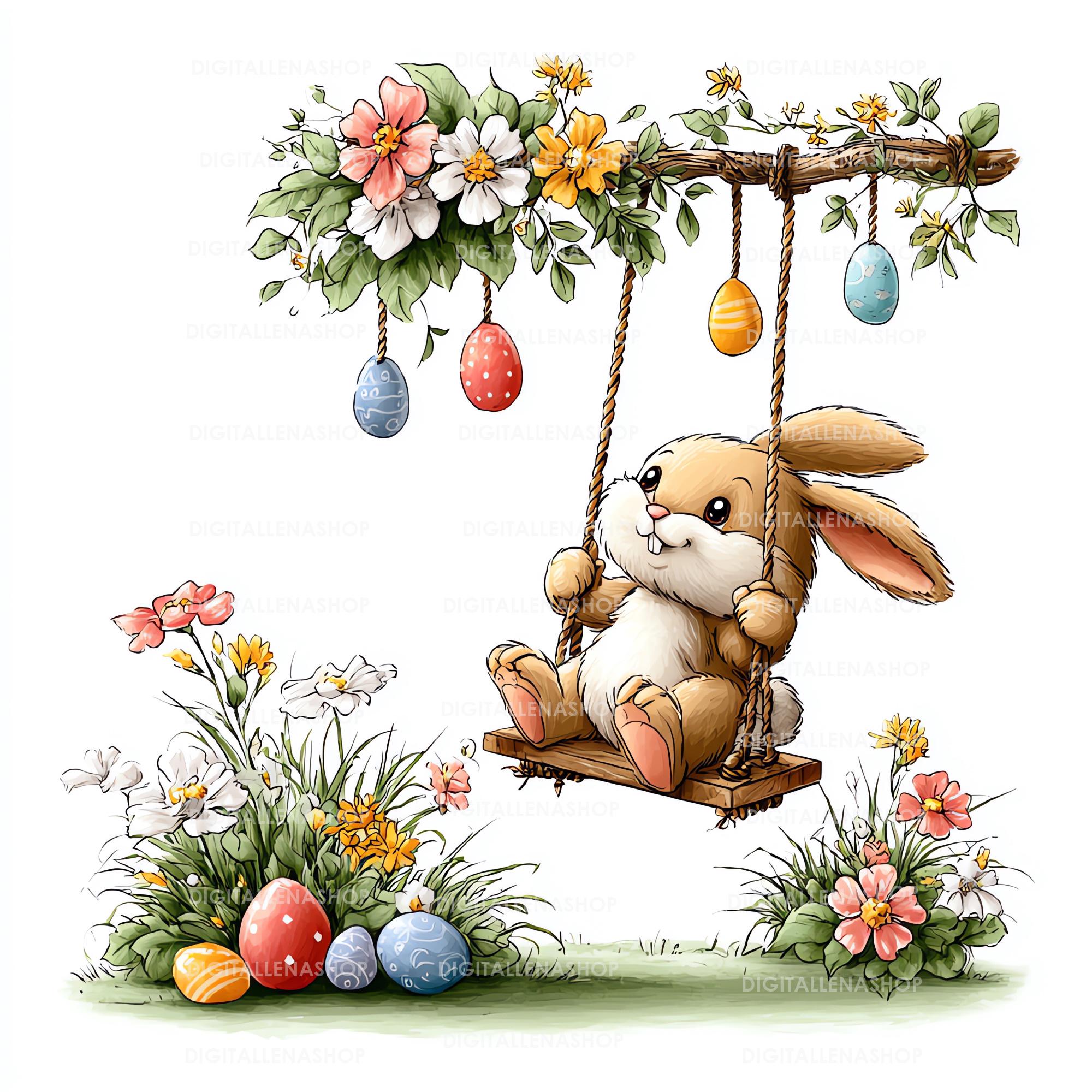 Watercolor Easter Bunny on a Swing Clipart | Baby Shower & Kids Decor ...