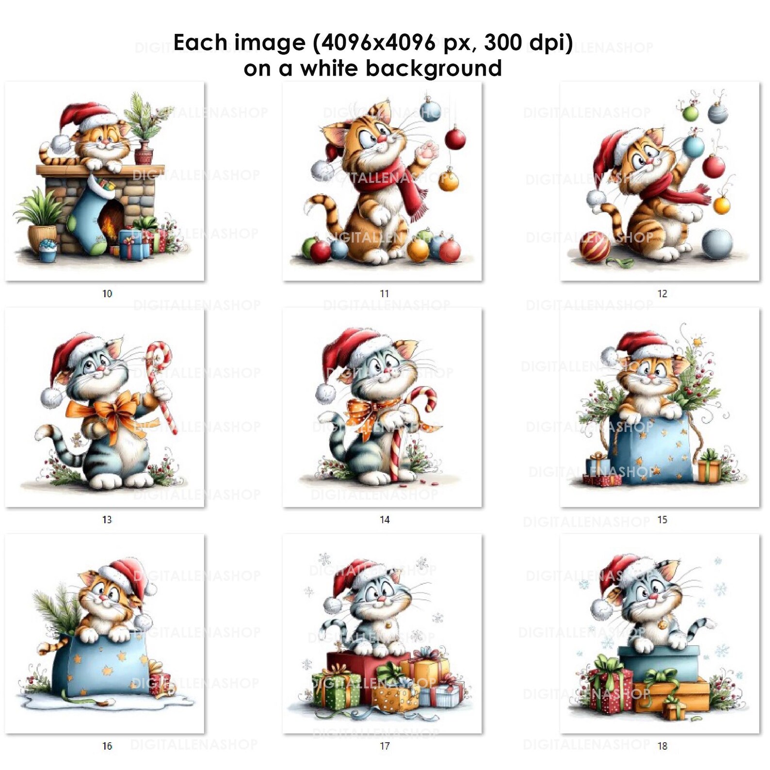 Watercolor Christmas Cat Clipart Set: 18 Funny Holiday Illustrations ...