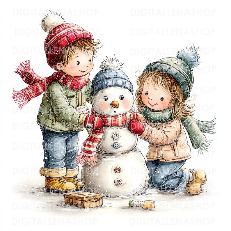 Children Making a Christmas Snowman Watercolor Clipart | Winter Holiday ...