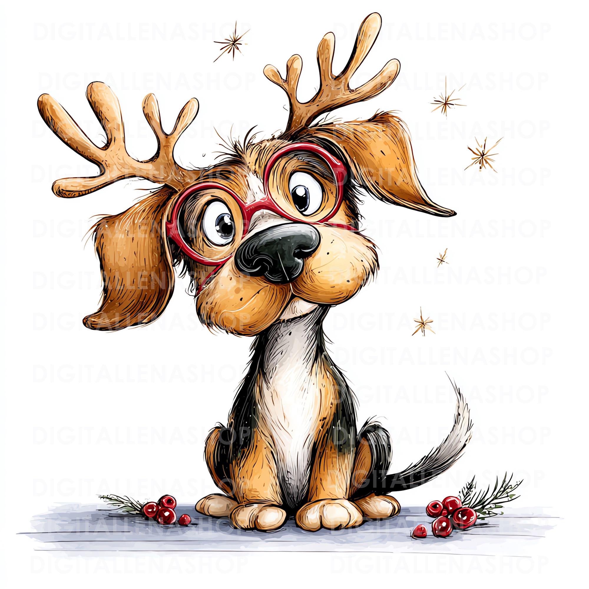 Watercolor Christmas Dog Clipart: Reindeer Antlers (digital Download ...