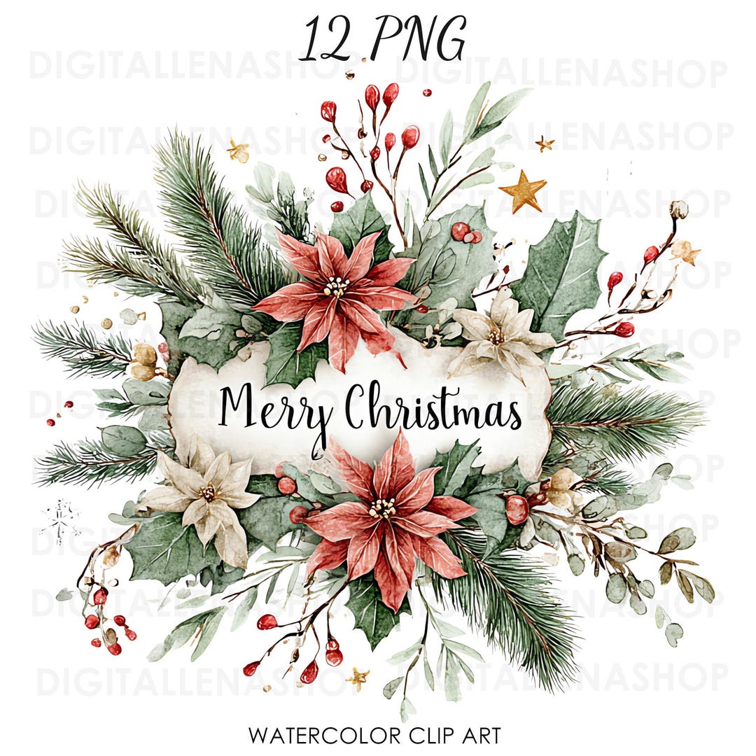 Watercolor Merry Christmas Clipart Set: Holiday Lettering (PNG Files ...