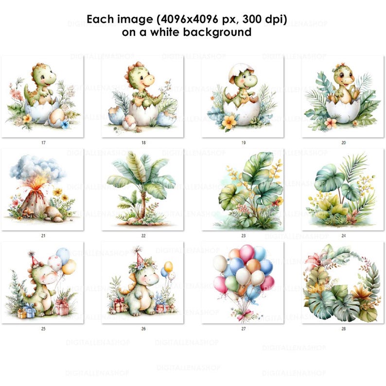 Niedliche Dinosaurier Geburtstag Aquarell Clipart Set | Dino ...