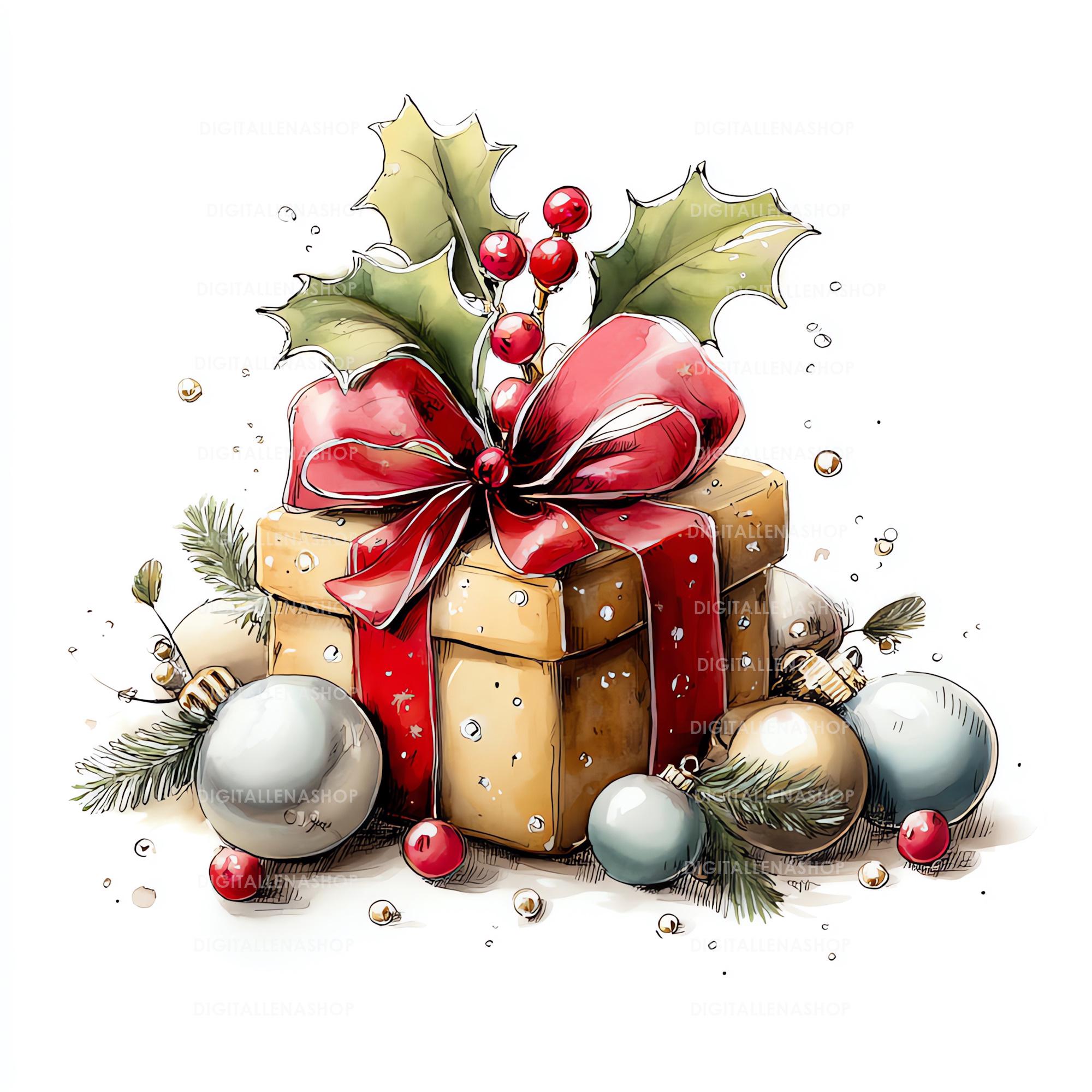 Watercolor Christmas Gift Box Clipart: Holiday Present Illustrations ...