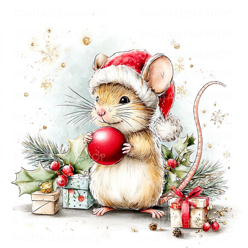 Christmas Mouse Watercolor Clipart: Whimsical Holiday Illustrations ...