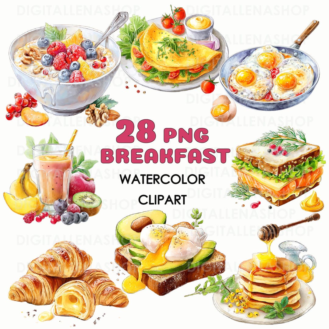 Watercolor Breakfast Clipart: Healthy Food Illustrations (digital ...