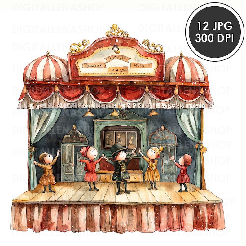 Victorian Puppet Theatre Watercolor Clipart: Vintage Stage ...