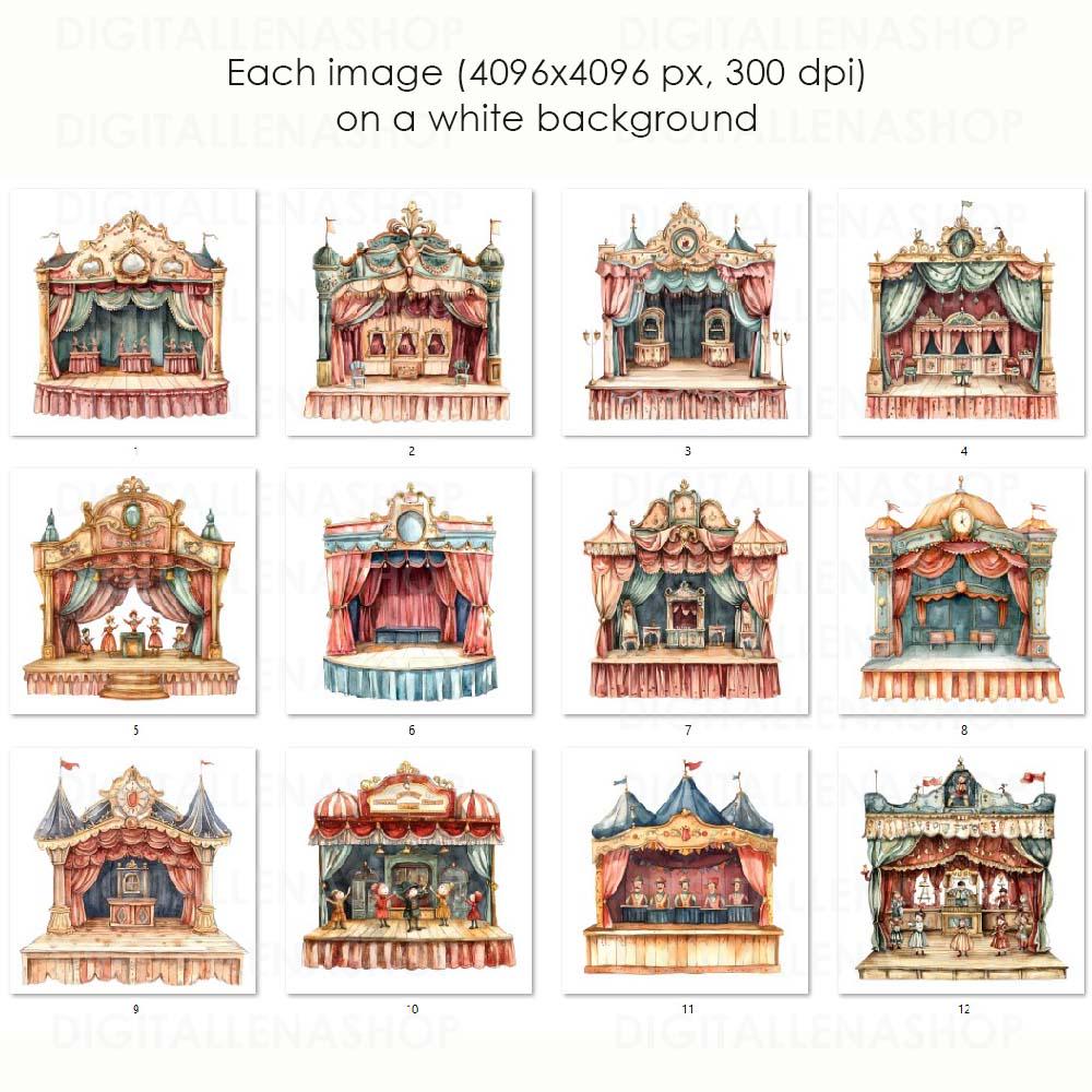 Victorian Puppet Theatre Stage Watercolor Clipart 12 JPG Files, Junk ...