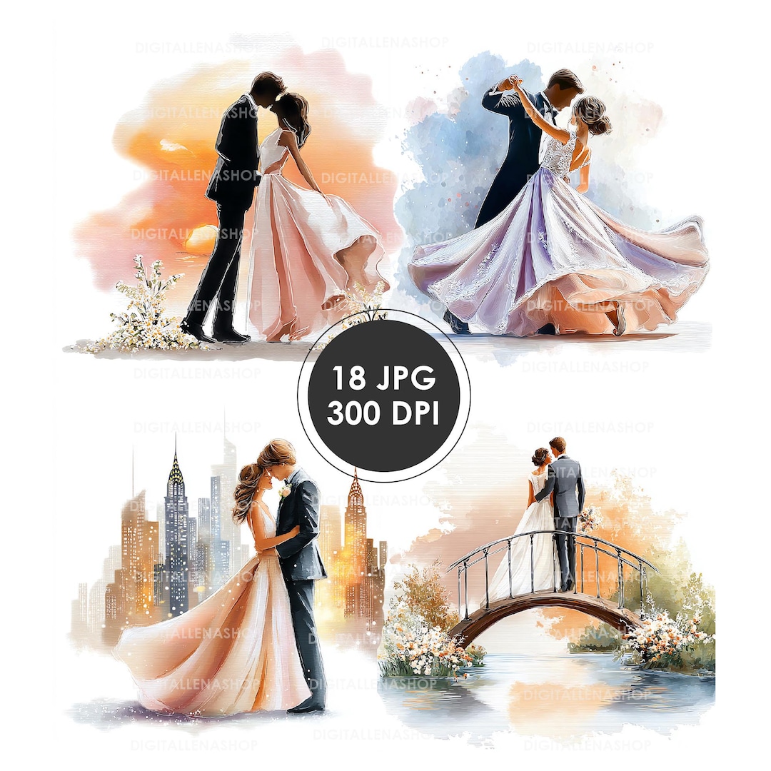 Romantic Wedding Silhouettes Watercolor Clipart Set: 18 JPG | Bride ...
