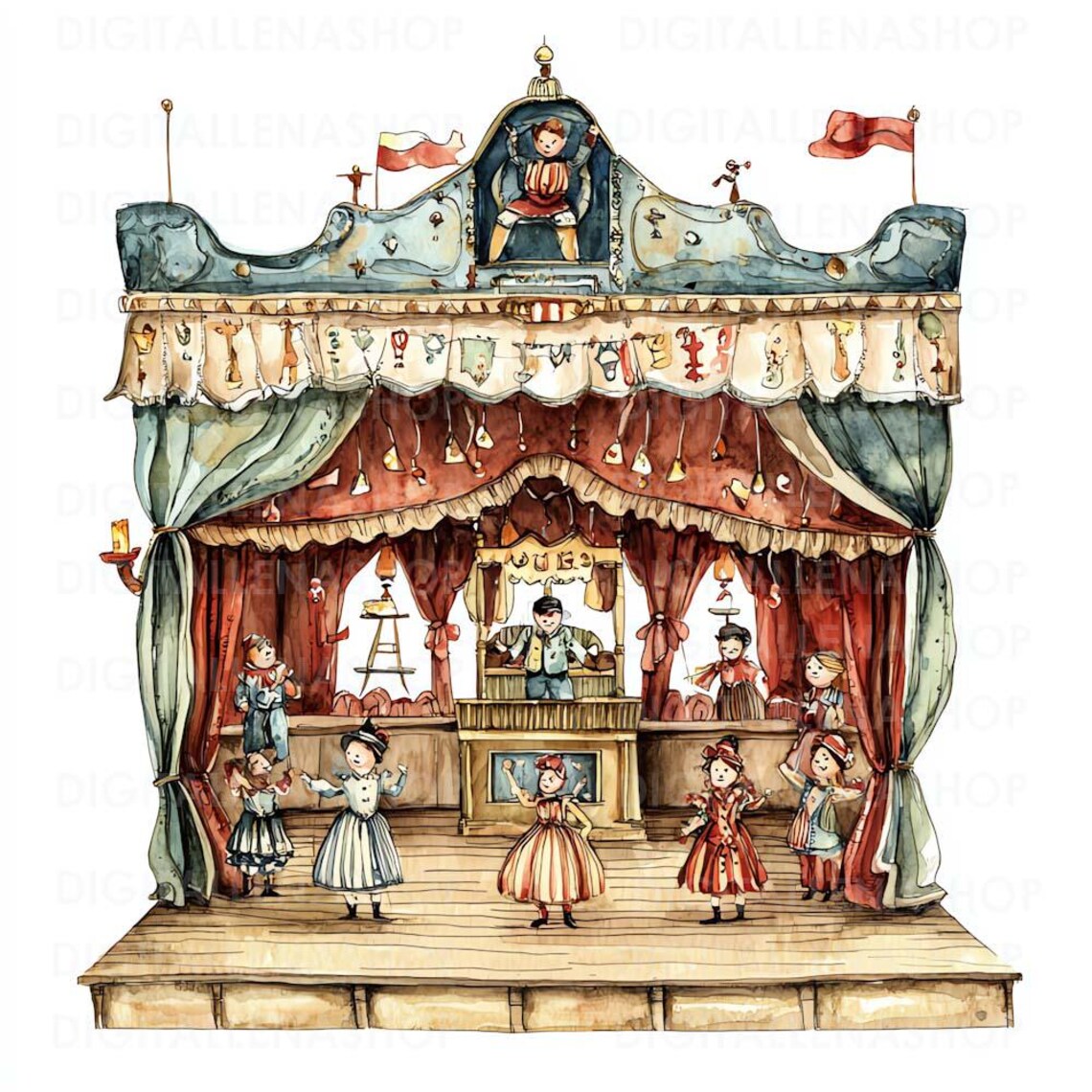 Victorian Puppet Theatre Watercolor Clipart: Vintage Stage ...