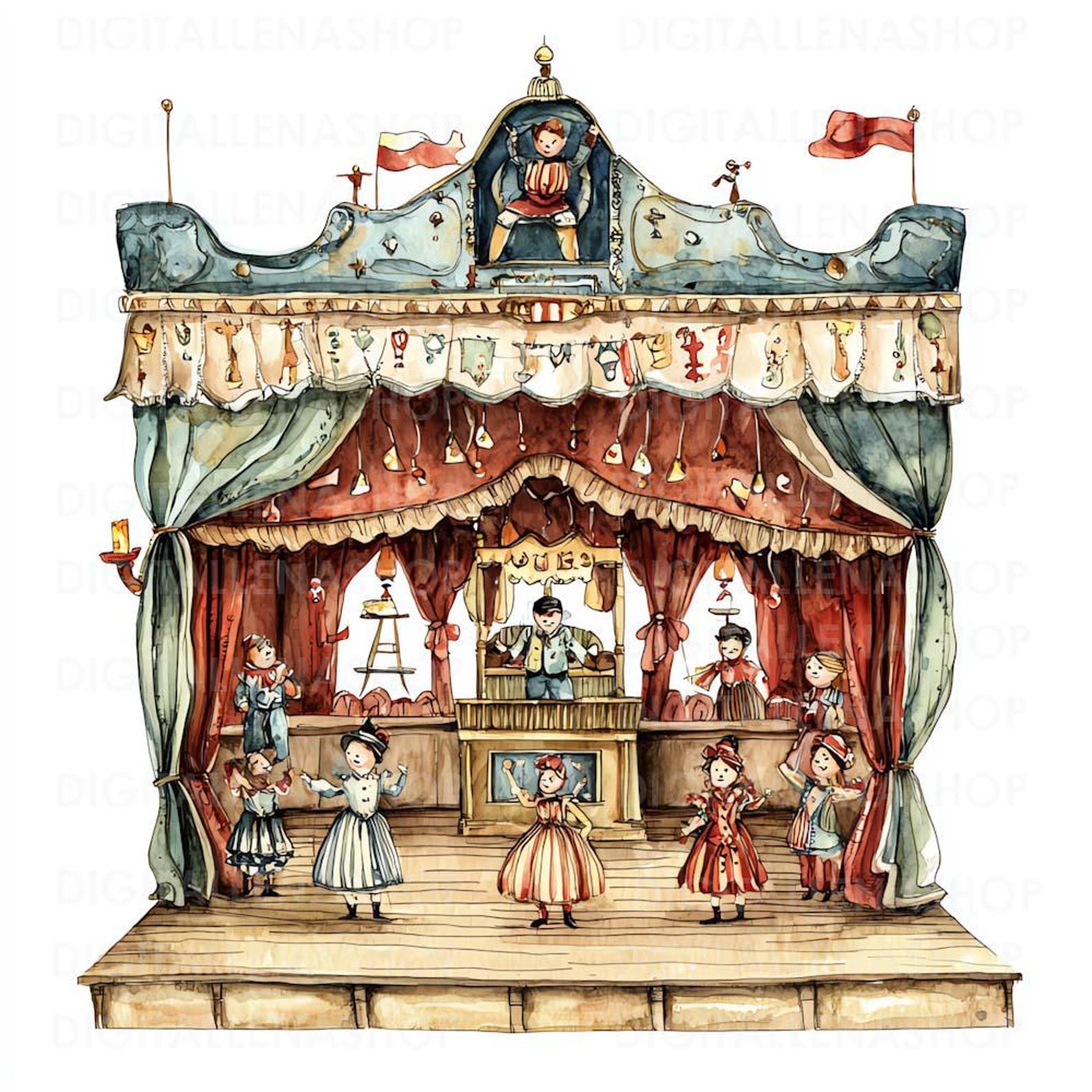Victorian Puppet Theatre Stage Watercolor Clipart 12 JPG Files, Junk ...