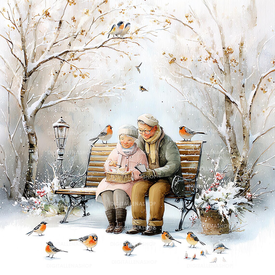 Winter Romance Clipart: Watercolor Elderly Couple Illustration (digital ...