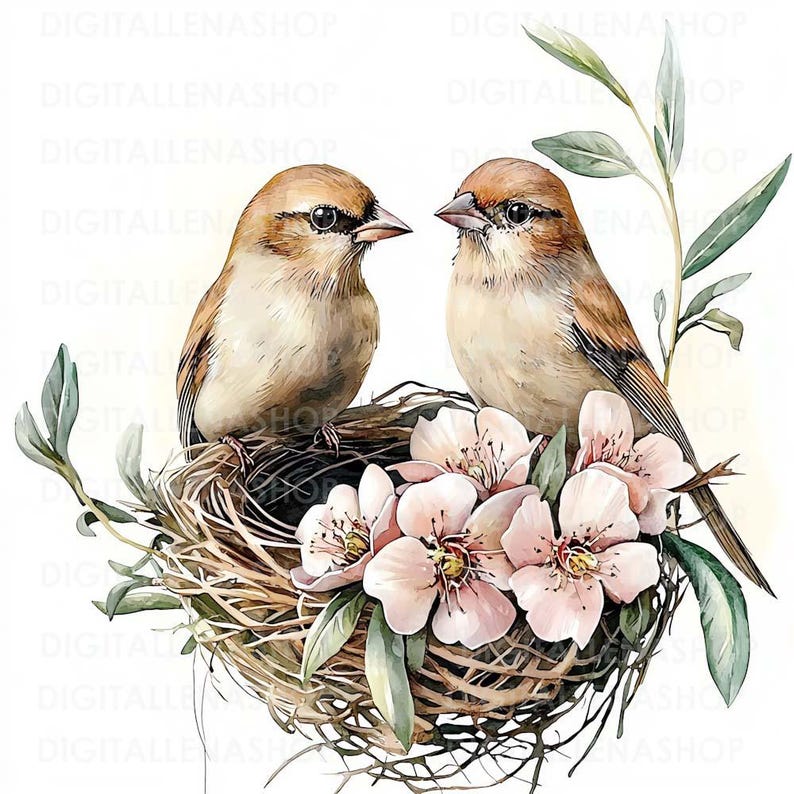 Spring Bird Nests Flower Clipart 12 JPG, Nests Watercolor Clip Art ...