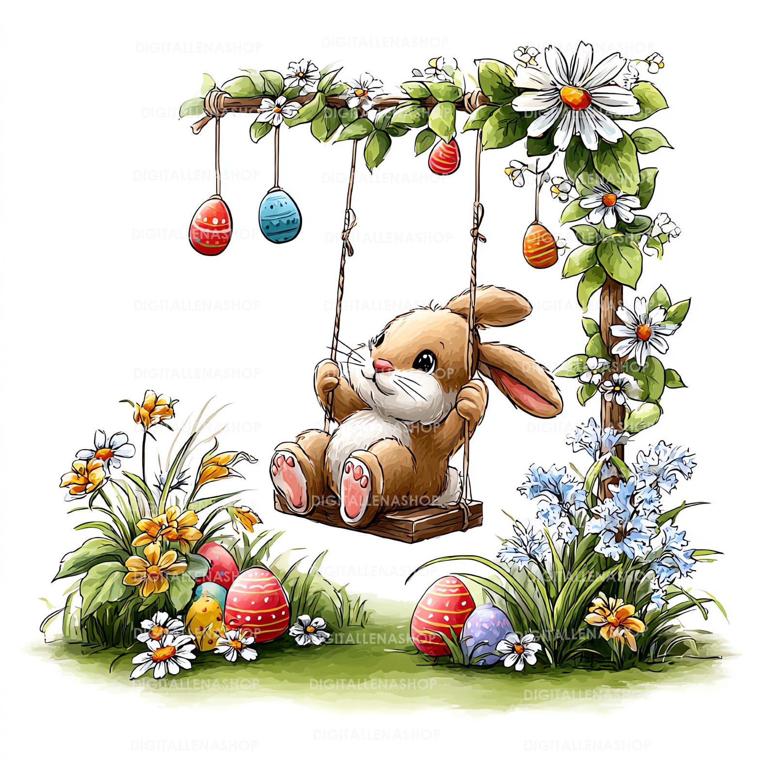 Watercolor Easter Bunny on a Swing Clipart | Baby Shower & Kids Decor ...