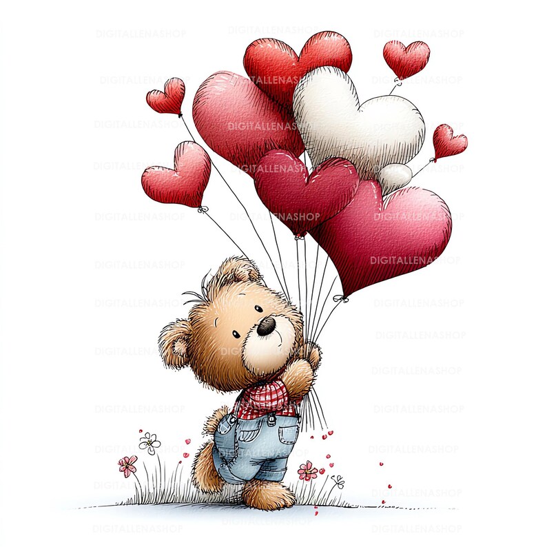 Watercolor Animal Valentine Clipart: Heart Balloons (digital Download ...