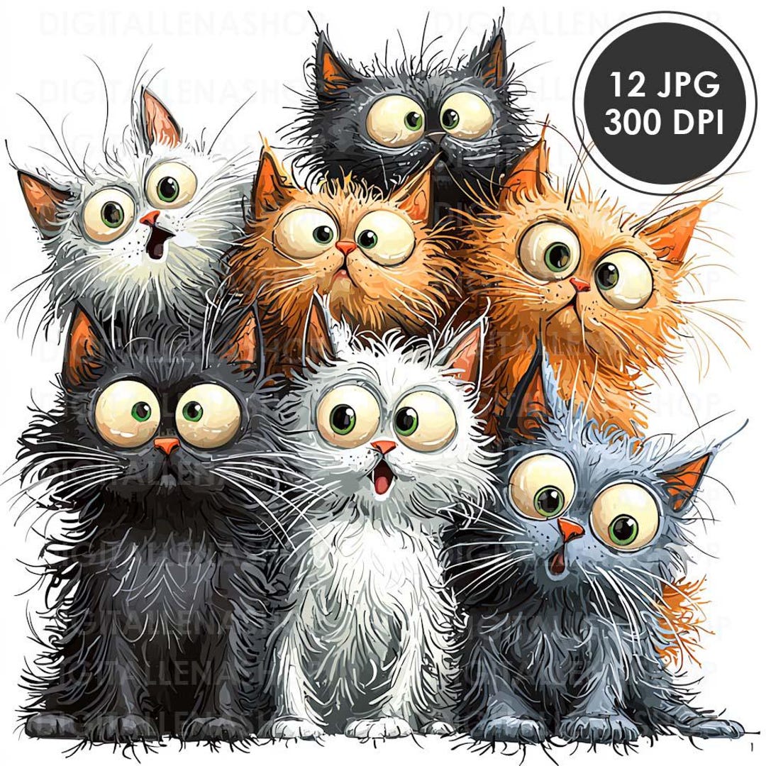 12 Quirky Weird Cat Photos Watercolor Clipart JPG, Printable Wall Art, Junk Journaling ...