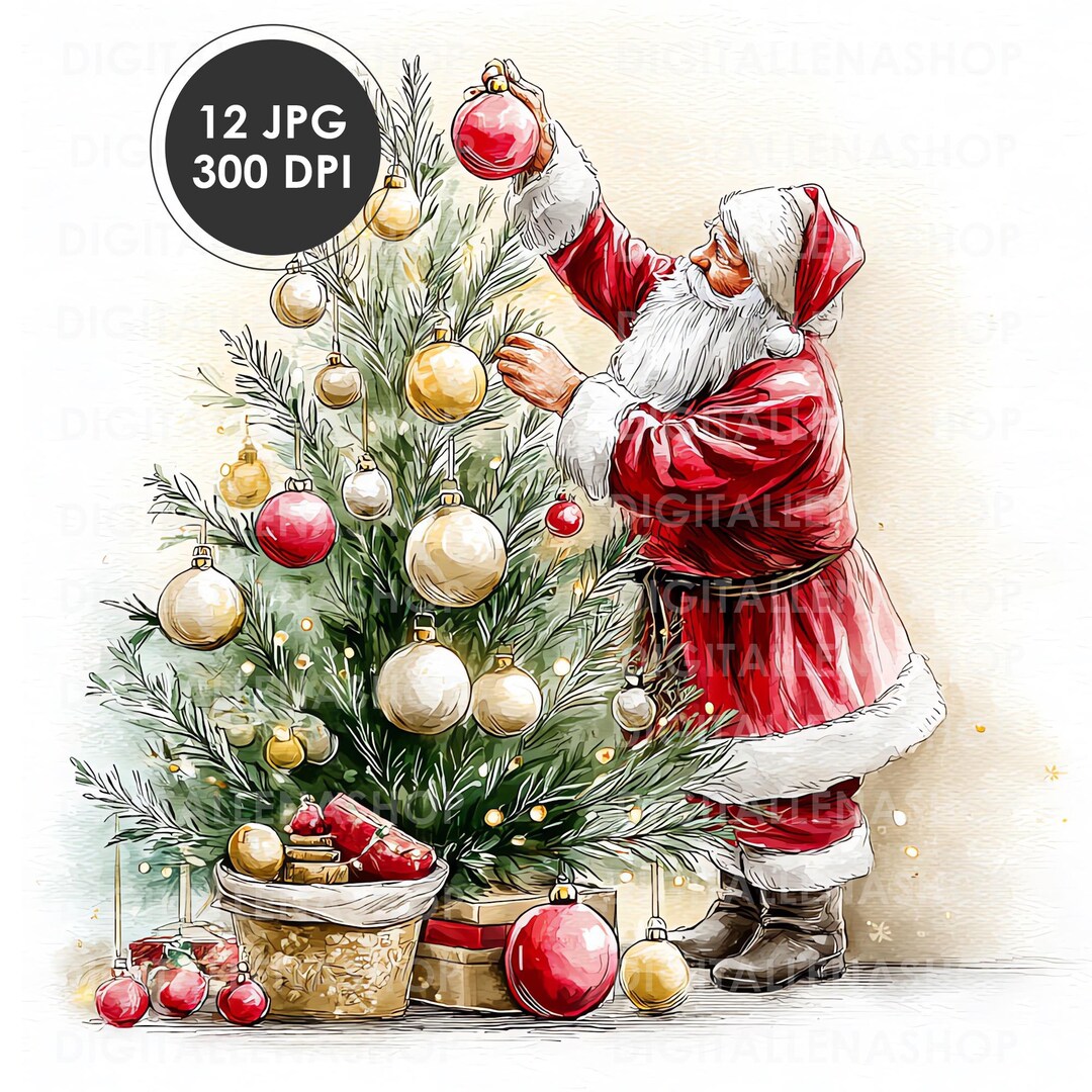 Vintage Santa Decorating Tree Watercolor Clipart (12 JPG Files) - Etsy
