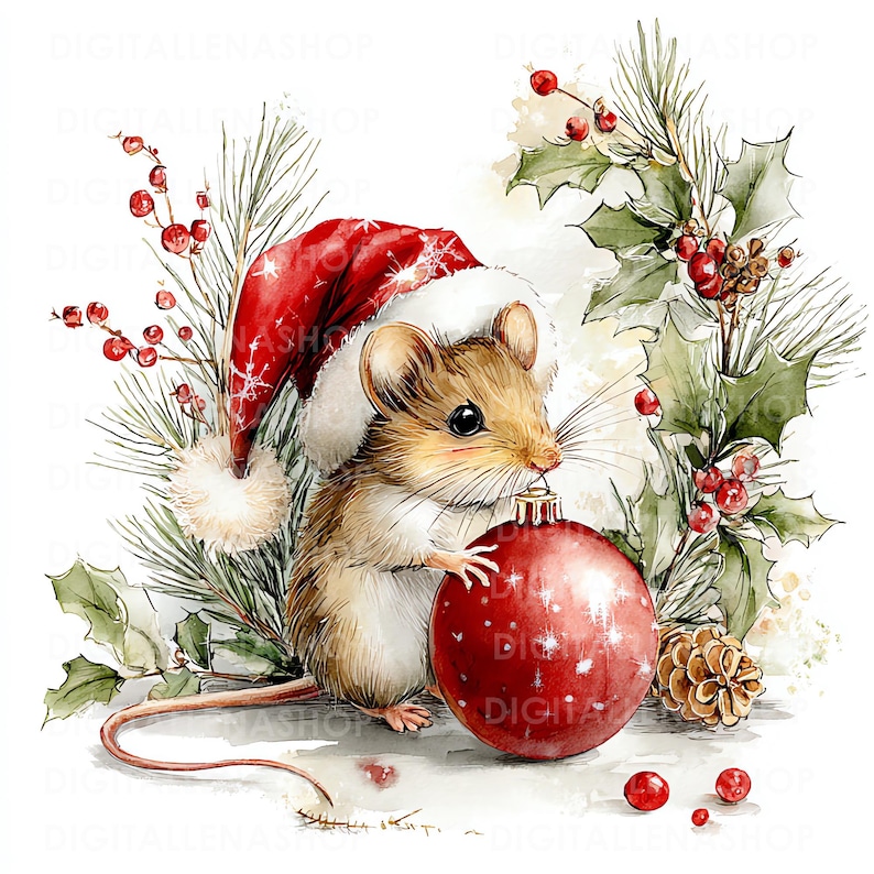 Christmas Mouse Watercolor Clipart: Whimsical Holiday Illustrations ...