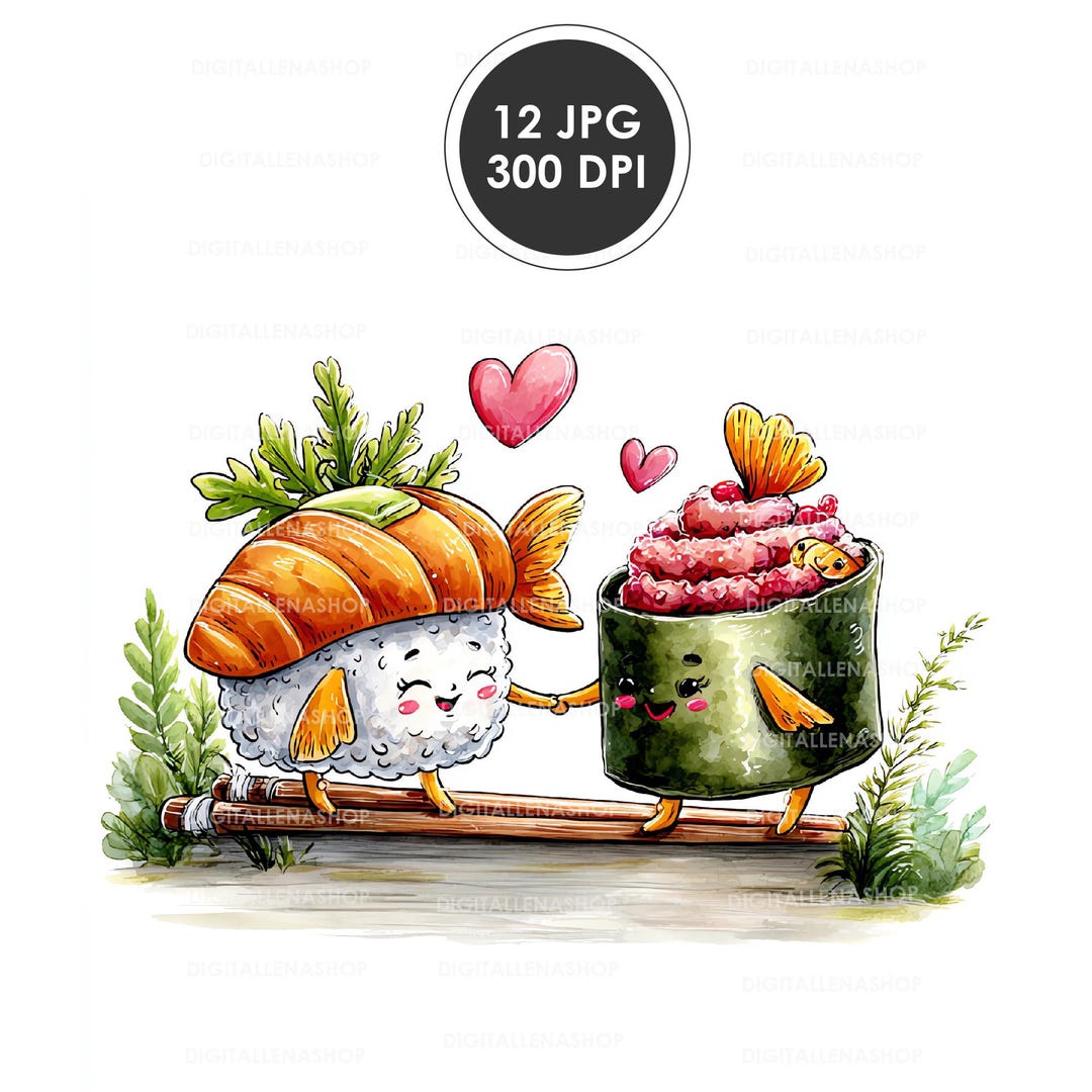 Valentine Sushi Couple Clipart | Kawaii Food Art (12 JPG) - Etsy