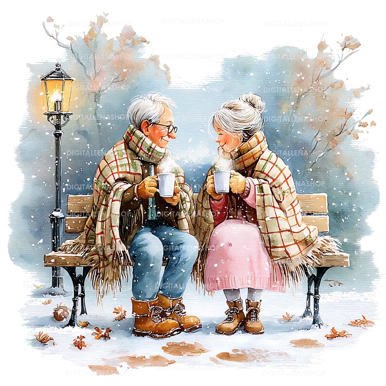Winter Romance Clipart: Watercolor Elderly Couple Illustration (digital ...