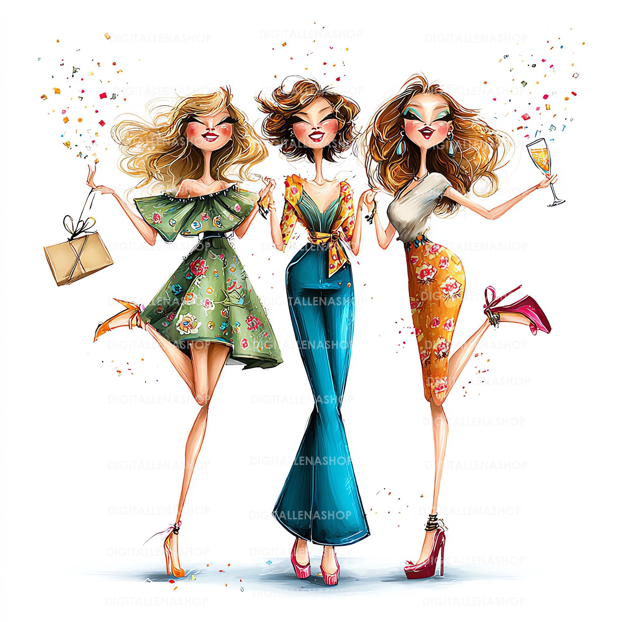 Whimsical Friends Watercolor Clipart: Quirky Girls Party Art (digital ...