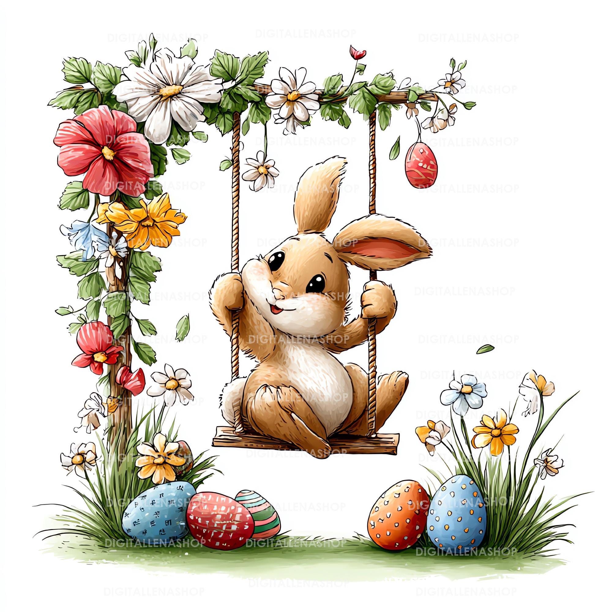 Watercolor Easter Bunny on a Swing Clipart | Baby Shower & Kids Decor ...