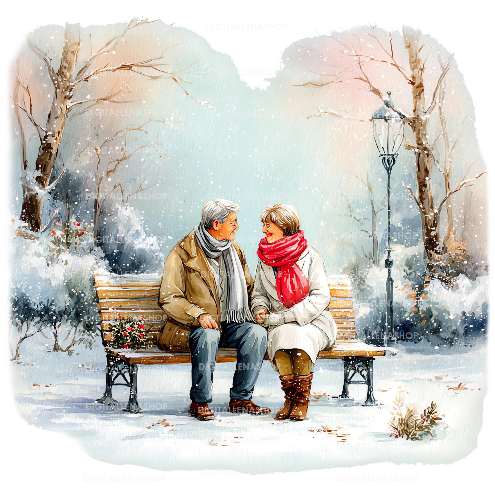 Winter Romance Clipart: Watercolor Elderly Couple Illustration (digital ...