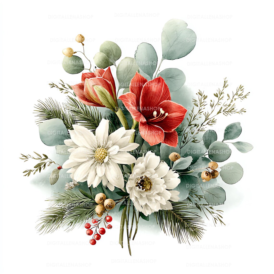 Christmas Floral Arrangement Watercolor Clipart | Red Amaryllis & White ...