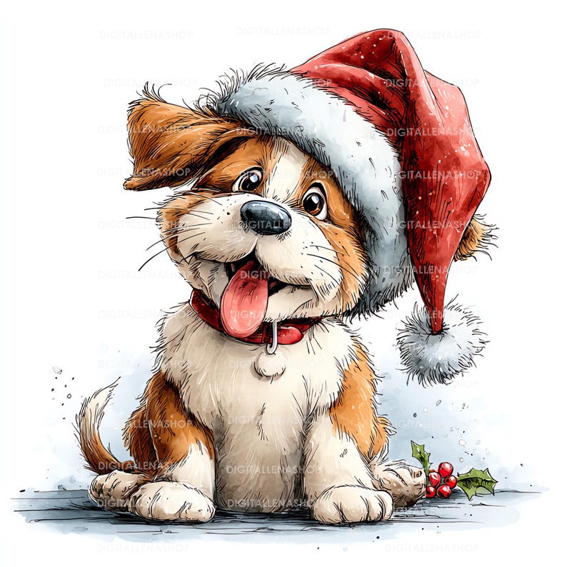 Watercolor Christmas Dog Clipart: Quirky Santa Hat Puppy (digital ...