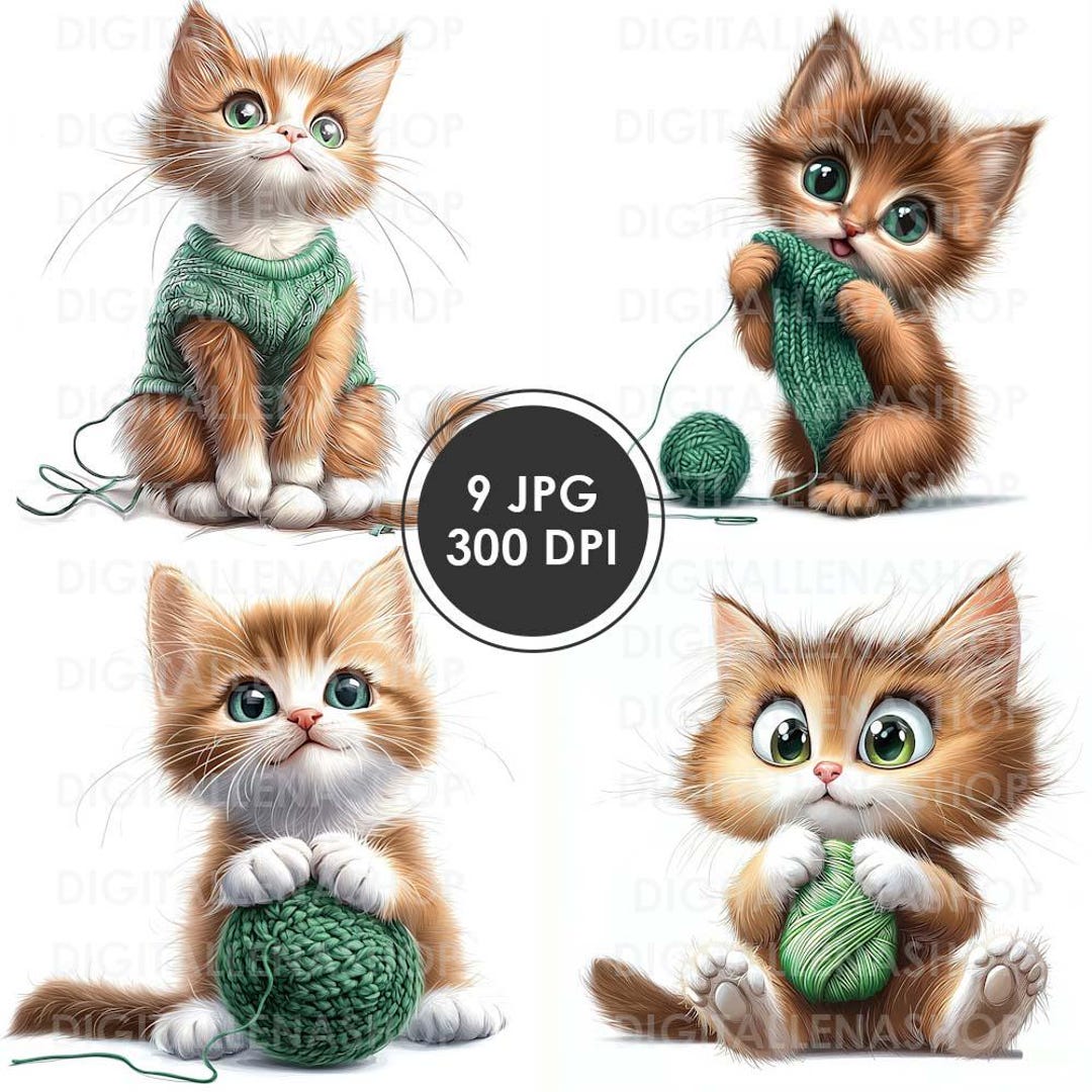 Knitting Kittens Watercolor Clipart: Crafty Cat Illustrations (digital ...