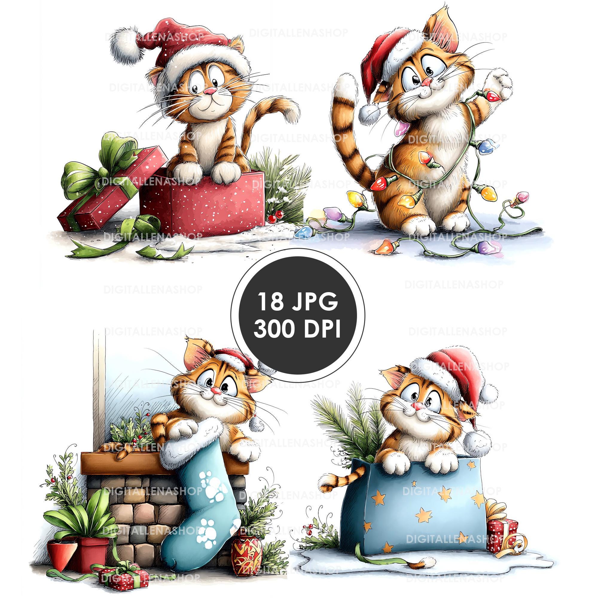 Watercolor Christmas Cat Clipart Set: 18 Funny Holiday Illustrations ...
