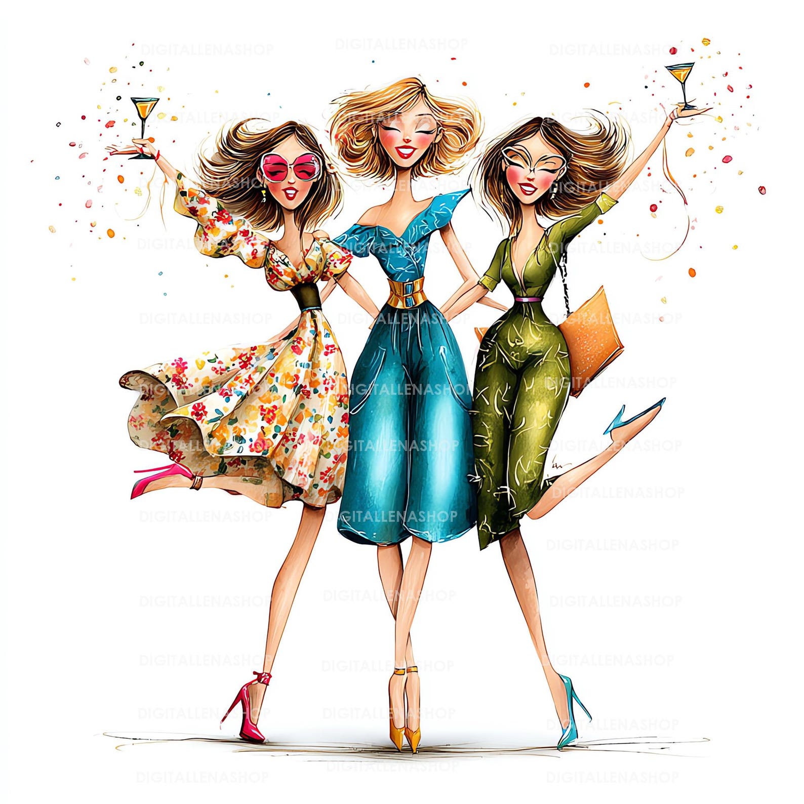 Whimsical Friends Watercolor Clipart: Quirky Girls Party Art (digital ...