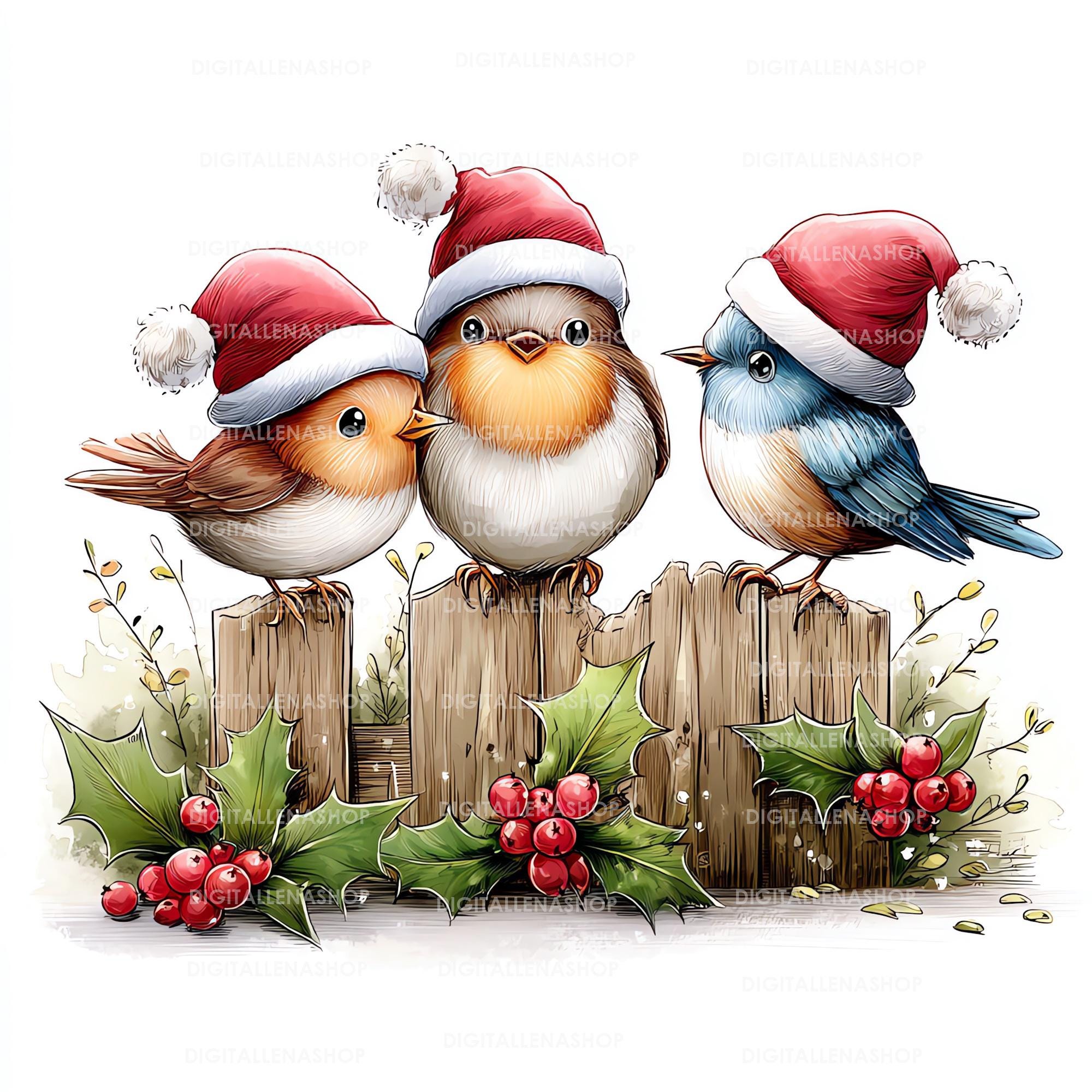 Christmas Birds Watercolor Clipart: Whimsical Santa Hats (digital ...