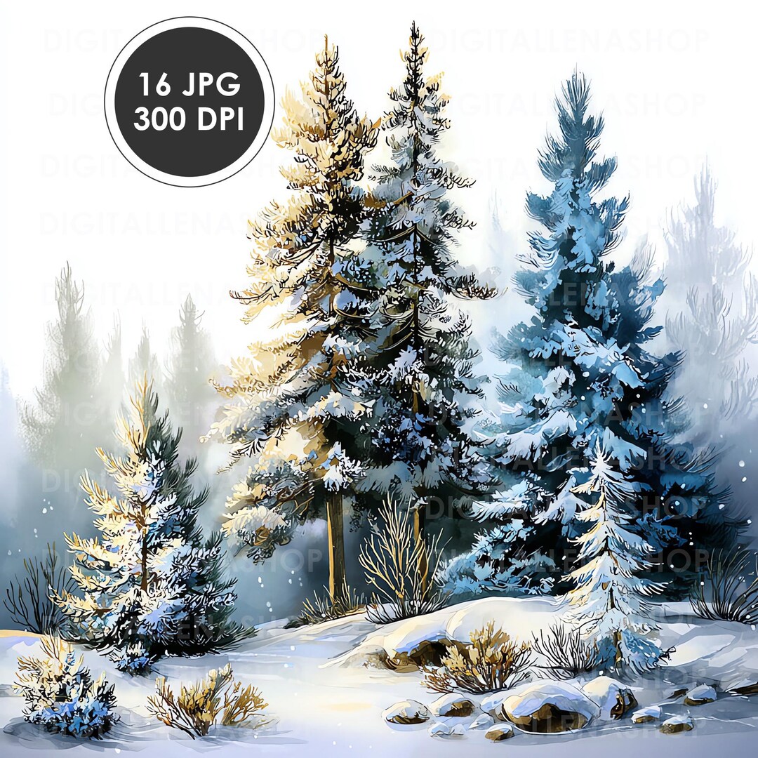 Snowy Pine Forest Watercolor Clipart: Winter Woodland Illustration ...