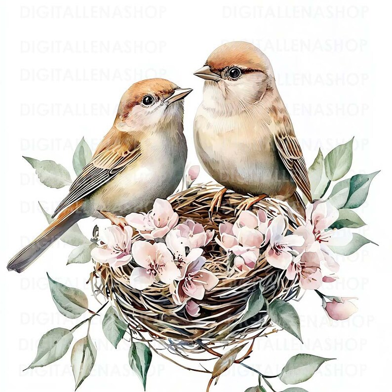 Spring Bird Nests Flower Clipart 12 JPG, Nests Watercolor Clip Art ...