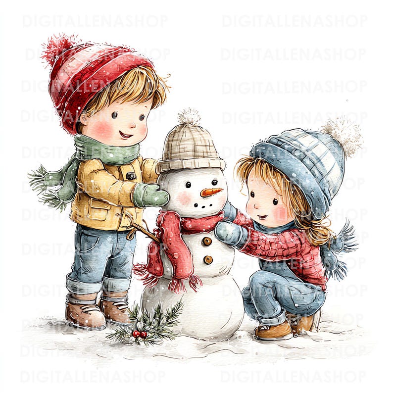 Children Making a Christmas Snowman Watercolor Clipart | Winter Holiday ...