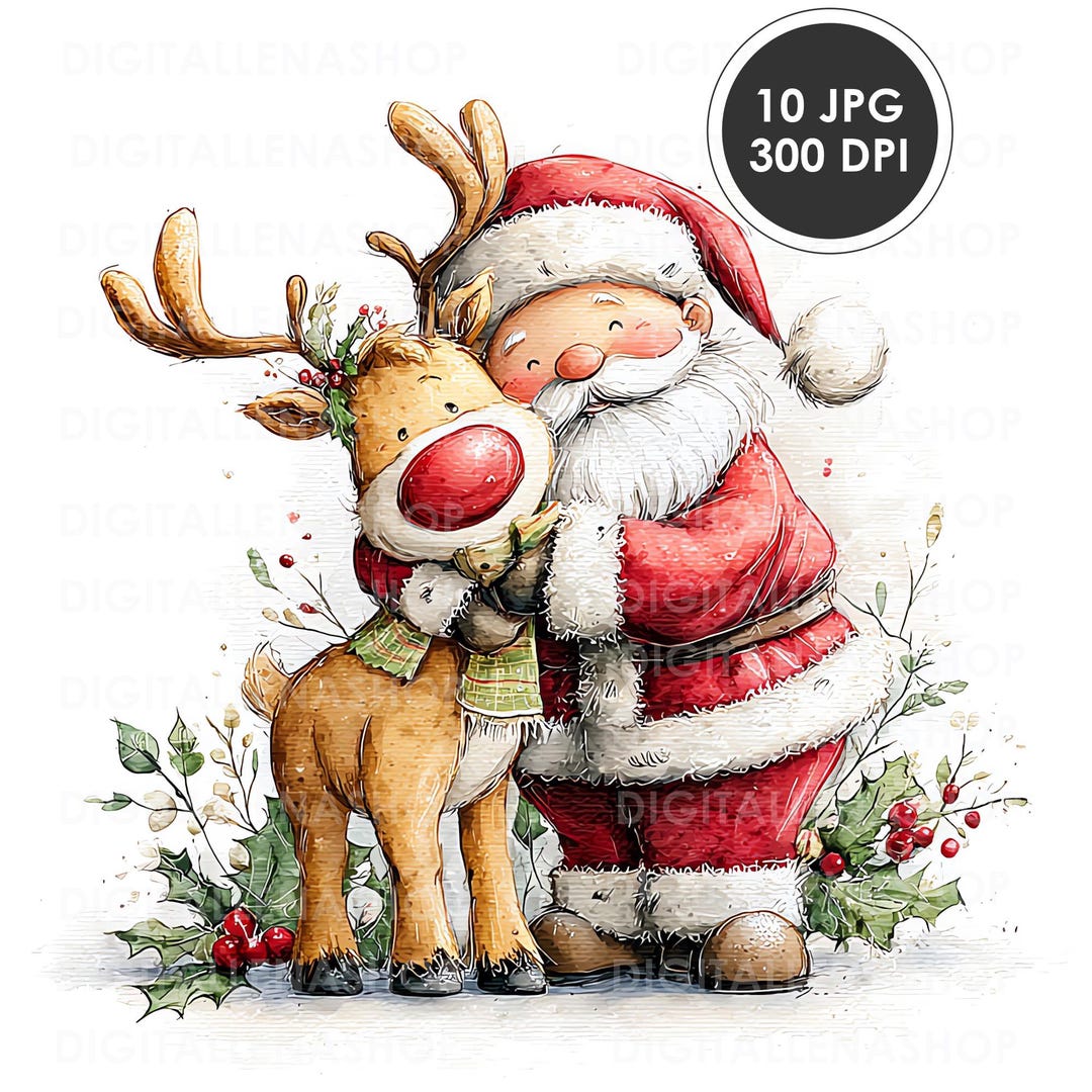 Watercolor Santa and Reindeer Clipart: Christmas Card Art (digital ...